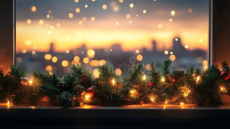 A Snug Winter Setting with a Window Decorated in Festive Lights and ...