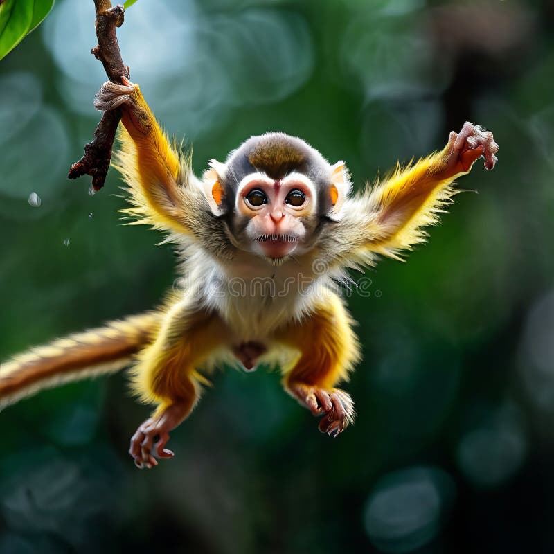 Soaked Squirrel Monkey a Squirrel Monkey Swinging through Th Ra Stock ...