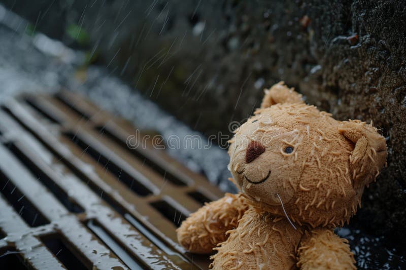 Soaked Stuffed Cat Against a Storm Drain during Rain Stock Image ...