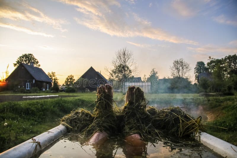 Soaking In Hot Steamy Hot Tub With Feet Steaming Warm Natural Spa
