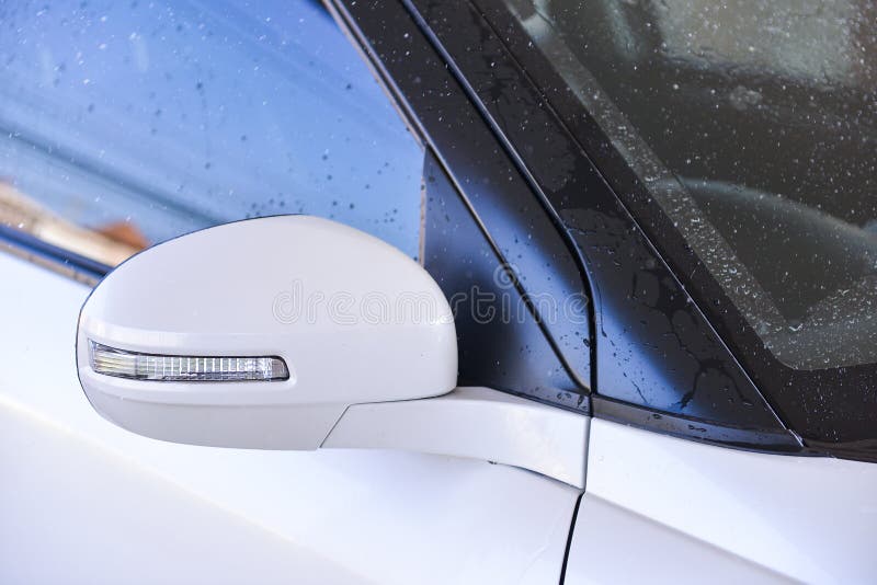 Soaking Side Mirror of White Car Stock Photo - Image of shine, rainy ...