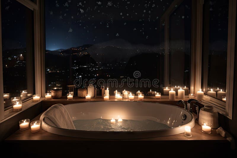 Soaking Tub Surrounded by Candles, with View of the Stars Visible in ...