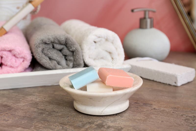 Soap Bars on Table in Bathroom Stock Photo - Image of hygienic ...