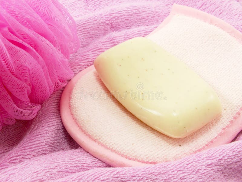 Soap and bath puff stock photo. Image of shower, soft - 62650446