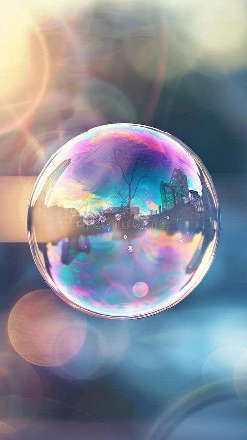 Soap Bubble with Cityscape Reflection and Abstract Colors Stock Photo ...