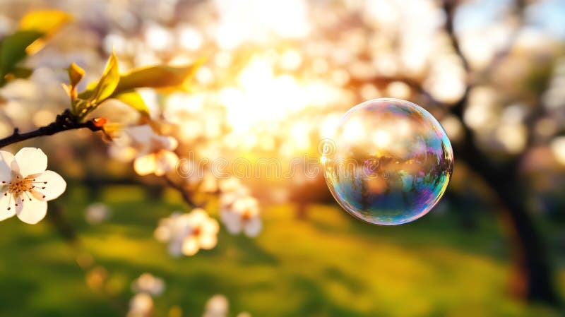 Soap Bubble with Rainbow Hues Floating among Blossoming Trees on ...