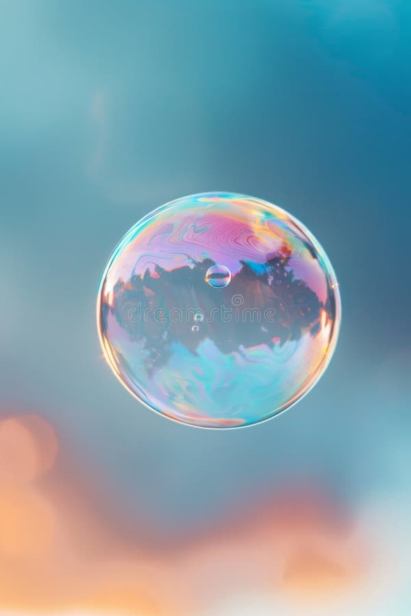 Soap Bubble Reflecting Colors with Sunset Clouds Background Stock ...