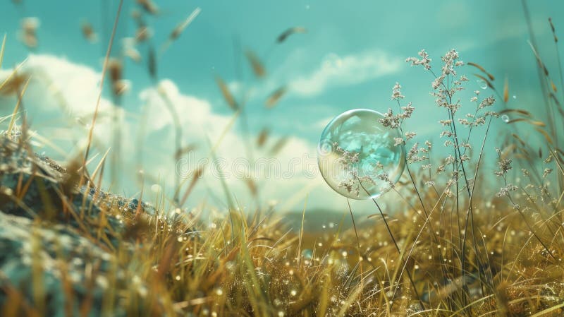 A Soap Bubble Sits on Top of a Lush Green Field, Ready To Pop or Float Away Stock Photo - Image ...