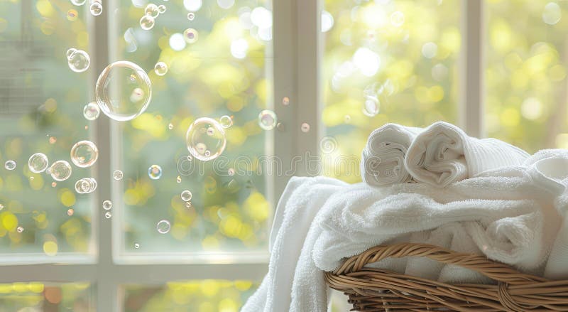 Soap Bubbles on the Background of Sunny Windows and Clean Laundry. the ...