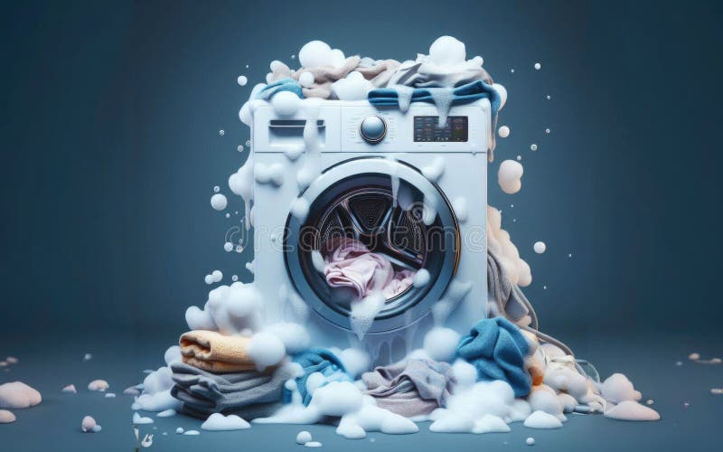 Soap Coming Out from Broken Washing Machine. Broken Laundry Washer with ...