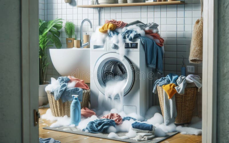 Soap Coming Out from Broken Washing Machine. Broken Laundry Washer with ...