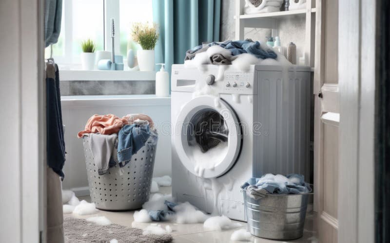 Soap Coming Out from Broken Washing Machine. Broken Laundry Washer with ...