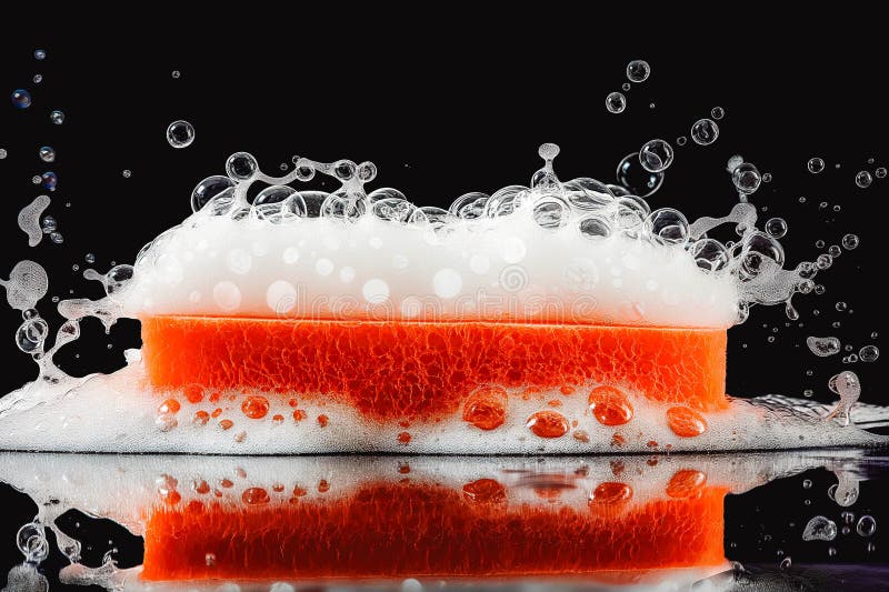 Soap Foam with Bubbles and Red Sponge Isolated on Black, Side View ...