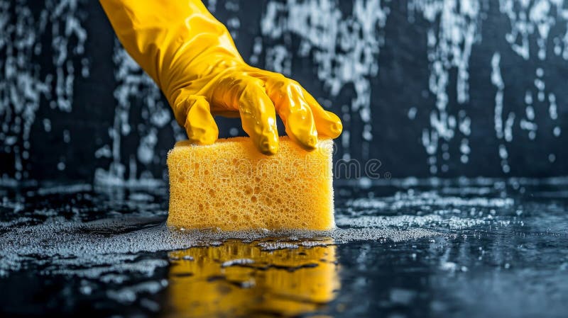 Soap Suds and a Sponge in a Yellow-gloved Hand Clean a Kitchen ...