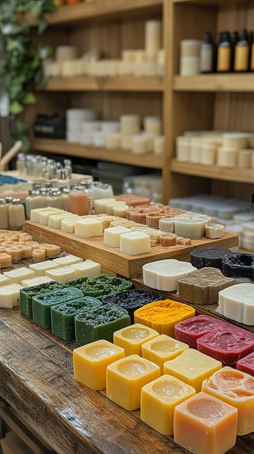 A Soapmaker Table Filled with Colorful Soaps, Molds, and Natural Oils ...