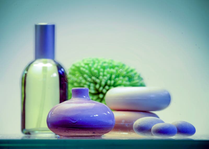 Soaps, Cologne, Sponge and Aroma Diffuser, Still Life of Body Care ...