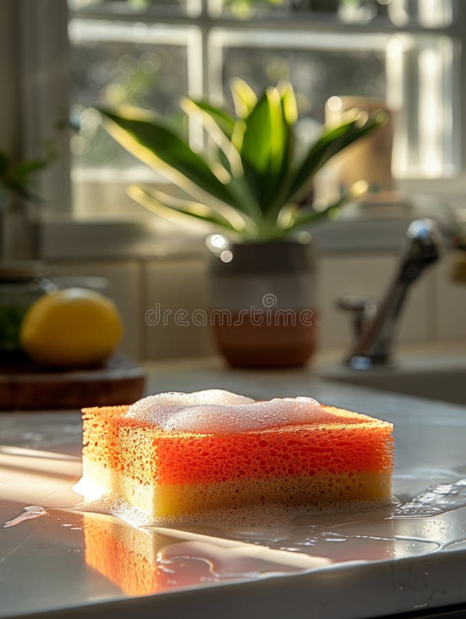 Soapy Kitchen Sponge Next To a Plant in a Sunlit Kitchen. Stock Photo ...