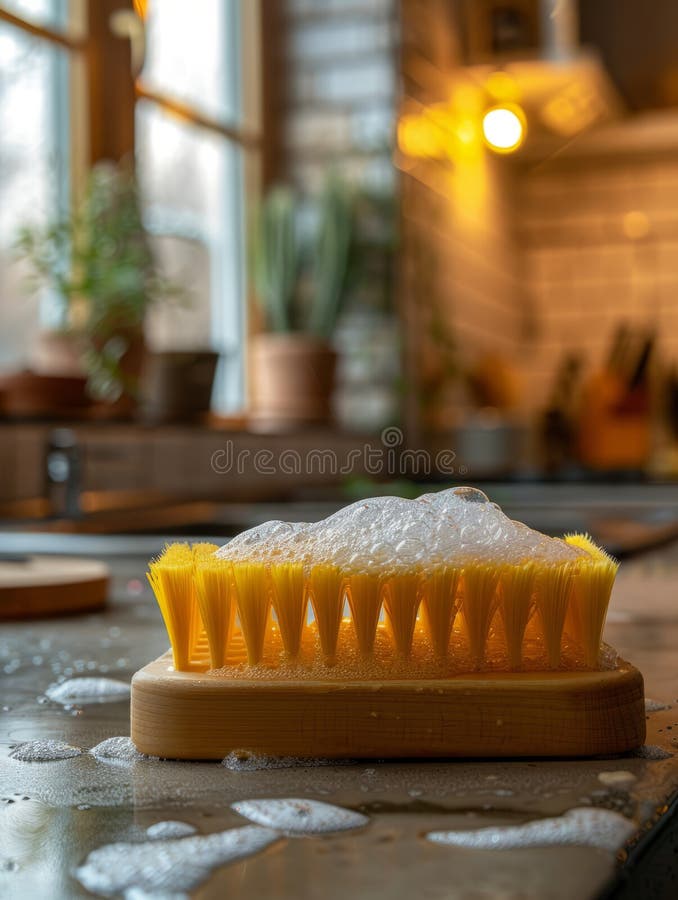 A Soapy Scrubbing Brush on a Kitchen Counter with Morning Light. Stock ...