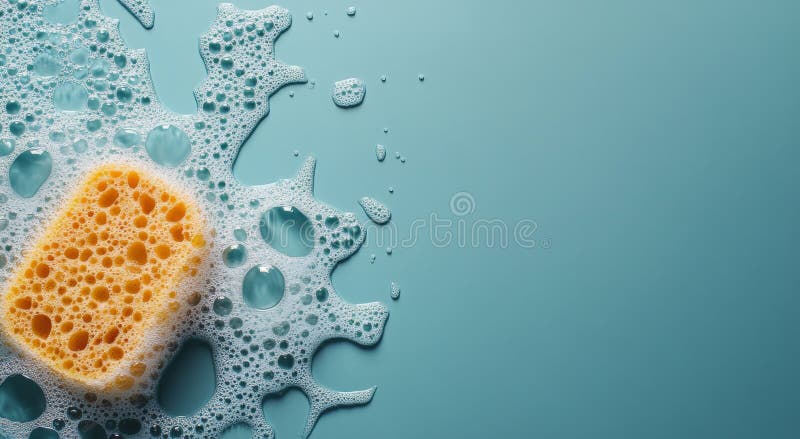 Soapy Sponge Resting on a Blue Surface with Bubbles Scattered Around ...