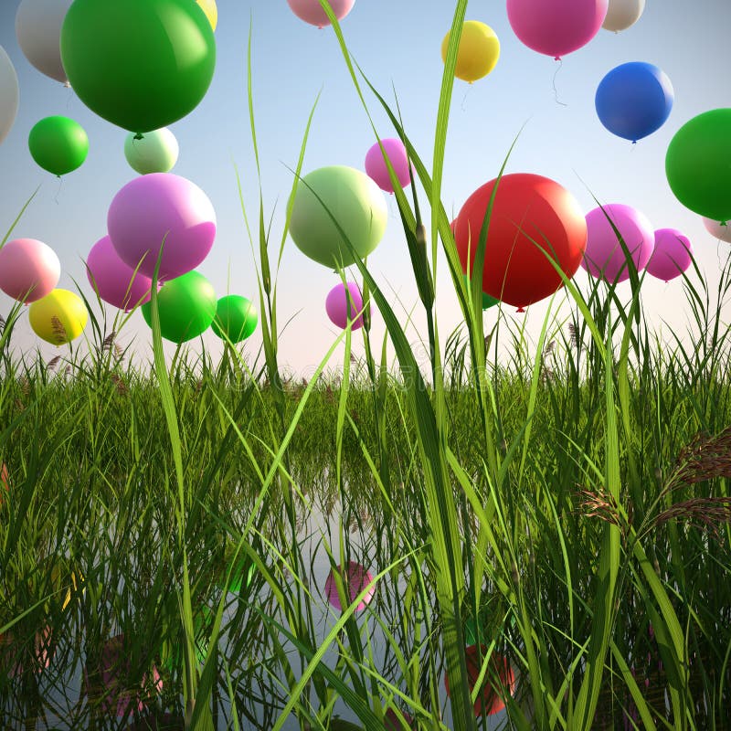 Soaring Balloons in a Field of Grass 3d Illustrate Stock Illustration ...