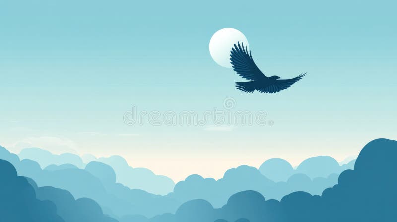 Soaring Bird Silhouette Against Pale Blue Sky and Full Moon, Capturing ...