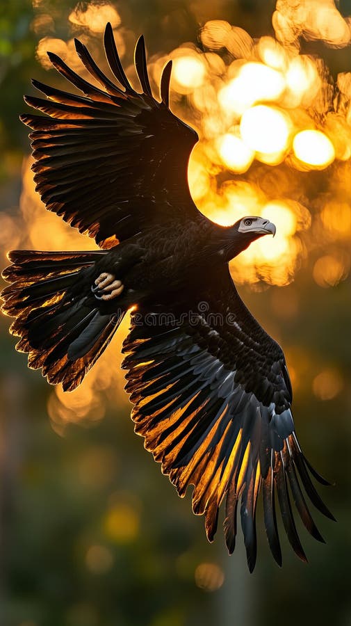 Soaring Condor with Outstretched Wings Against Glowing Sunset Backdrop ...