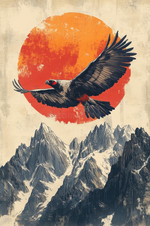 Soaring Eagle in Front of Vivid Red Sun Over Rugged Snowy Mountains ...