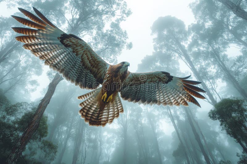 A Soaring Hawk, Its Wings Blending with the Tall Trees of a Misty ...