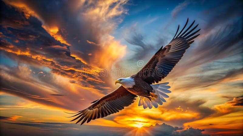 Soaring Majesty: a Bald Eagle in Flight Against a Dramatic Sunset Generative AI Stock ...