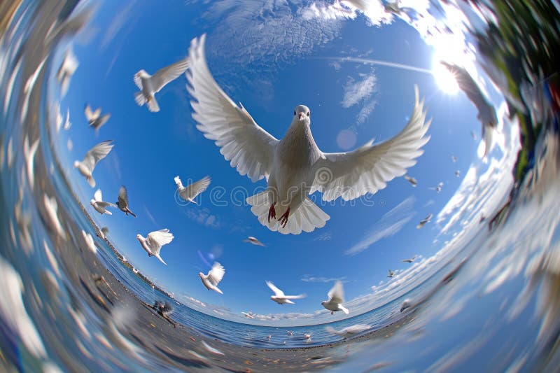 Soaring White Dove in Circular Fisheye View Stock Image - Image of blue ...