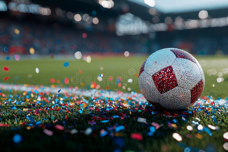 The Soccer Ball is Accompanied by Confetti and a Soccer Stadium Stock ...