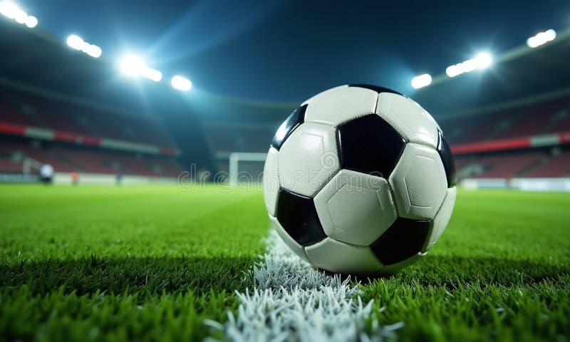 Soccer Ball Artificial Turf Nighttime Floodlights Dramatic Lighting ...