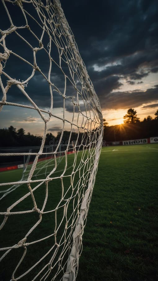Soccer Ball Breaking through Goal Net at Sunset or Sunrise Stock ...