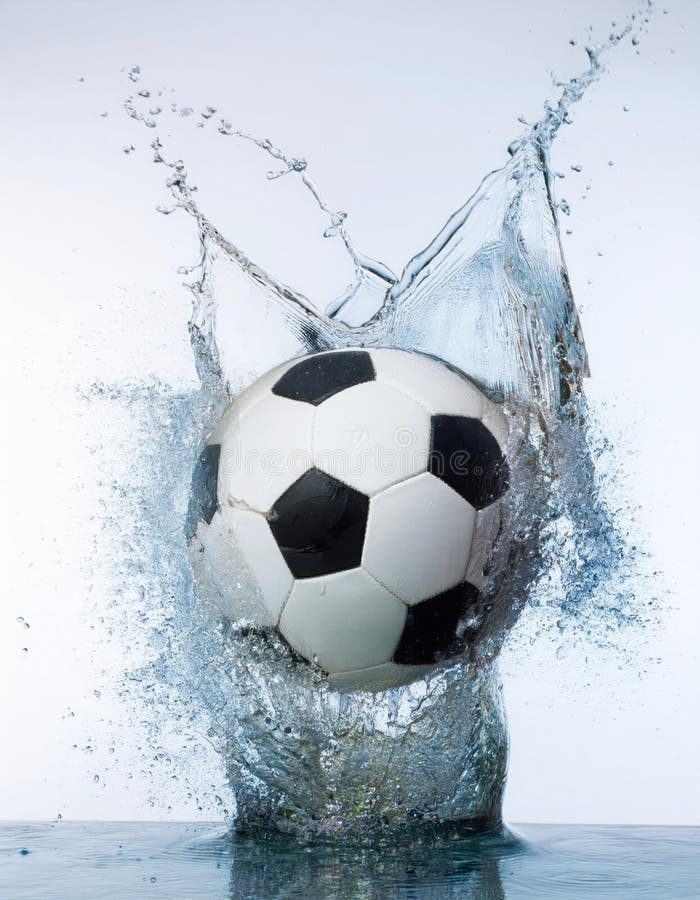 Soccer Ball Splashes into Water Creating Dynamic Ripples on White ...