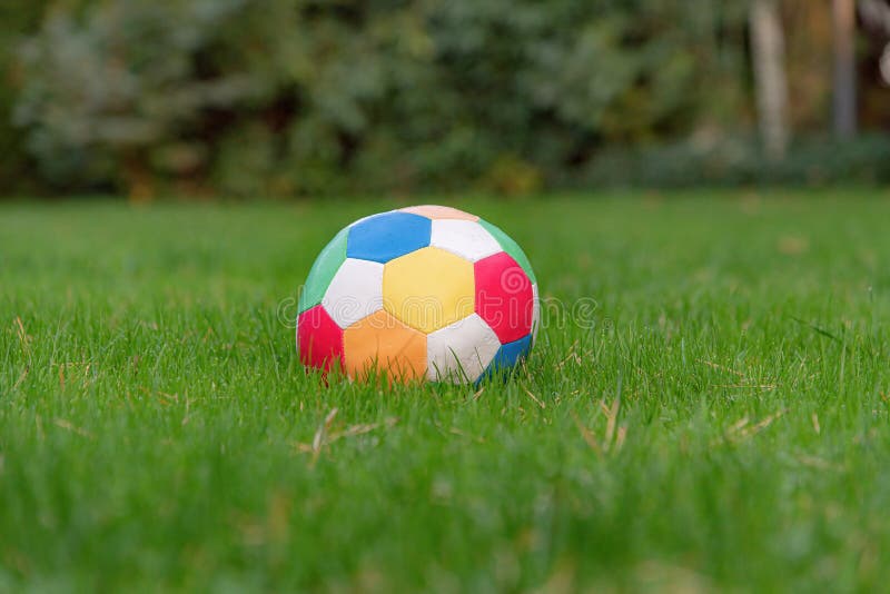 A Soccer Ball with Different Colors Lies on the Green Grass Stock Image ...
