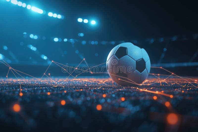 Soccer Ball with Digital Network Elements on Stadium Turf Under Stadium ...