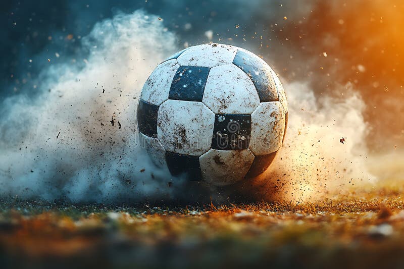 Soccer Ball with Dirt Exploding, Close Up, Action Shot, Dust Particles ...