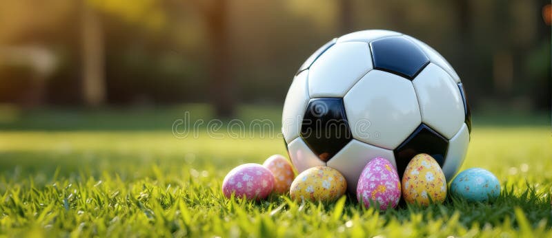 Soccer Ball and Easter Eggs on Grass Banner Generative AI Stock ...