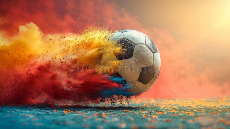 Soccer Ball Exploding in a Cloud of Colorful Powder on a Field Stock ...