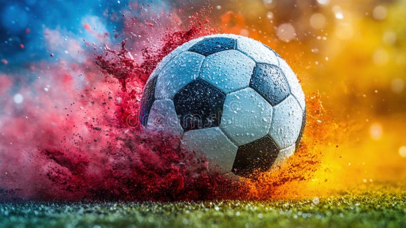 Soccer Ball Exploding with Colorful Powder on Grass Field Stock ...