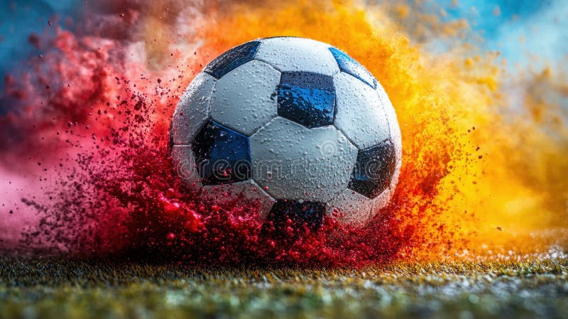 Soccer Ball Exploding with Colorful Powder on Grass Field Stock ...