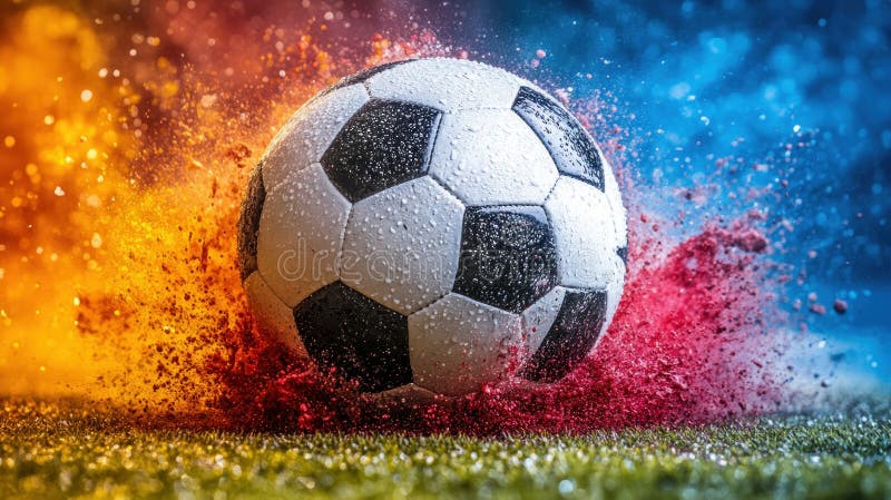 Soccer Ball Exploding with Colorful Powder on Grass Field Stock ...