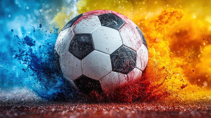 Soccer Ball Exploding with Colorful Powder on Grass Field Stock ...