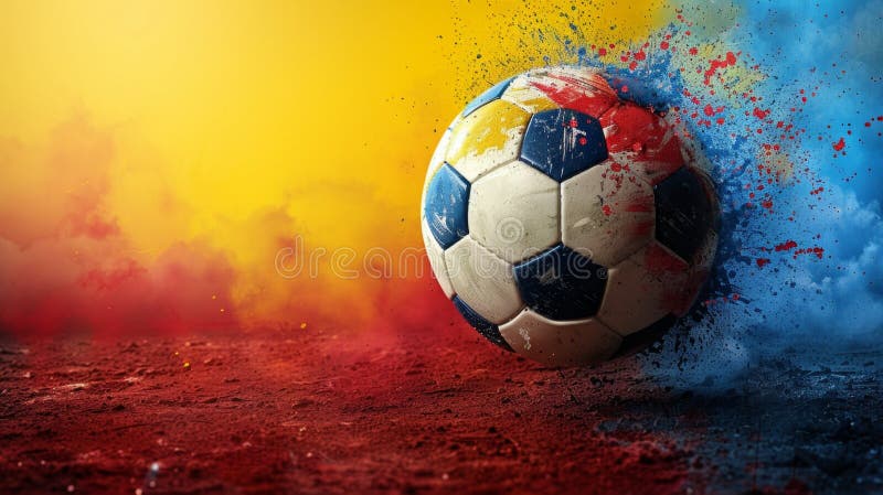 Soccer Ball Exploding with Colorful Powder on a Textured Field Stock ...