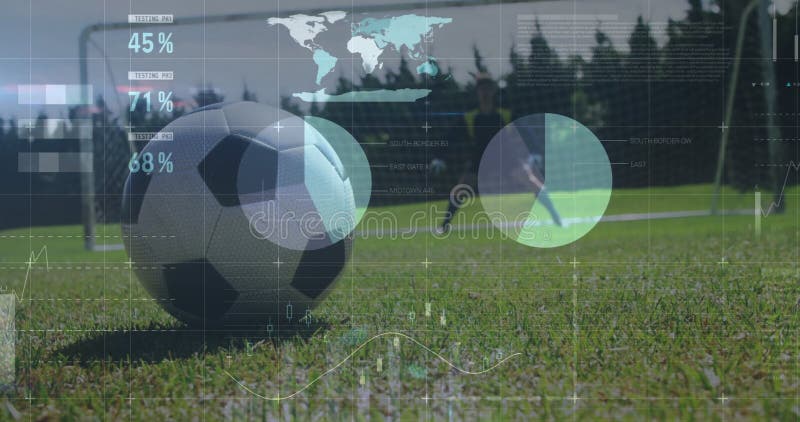 Soccer Ball on Field with Data Analytics and World Map Animation ...