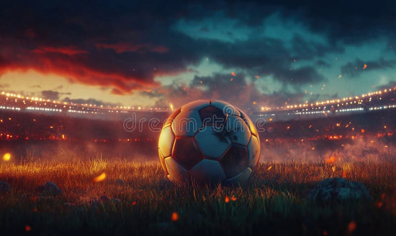 Soccer Ball Field Dramatic Sunset Stadium Lights Background Stock ...
