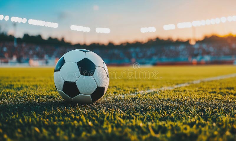 Soccer Ball on Field, Stadium Lights in Background, Evening Atmosphere ...