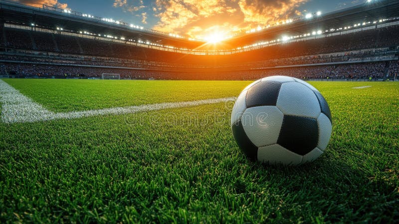 Soccer Ball on Field at Sunset in Large Stadium with Glowing Lights ...