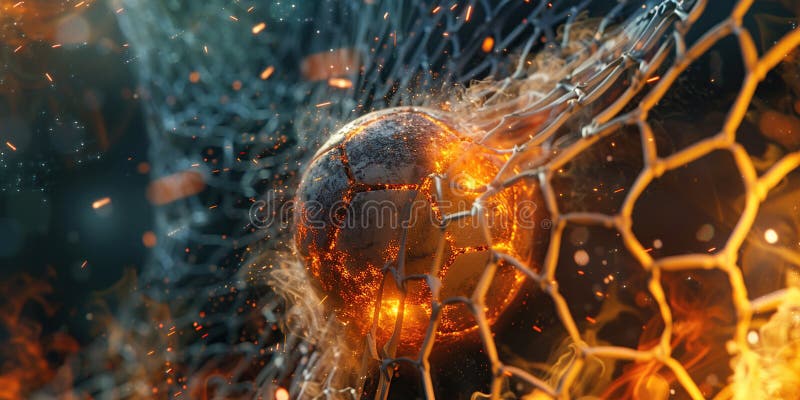 Soccer Ball on Fire and Flames Punching through the Net. Ai Generative ...