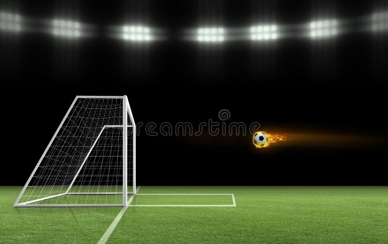 Soccer Ball on Fire is Flying into the Goal on the Soccer Field. Ball ...